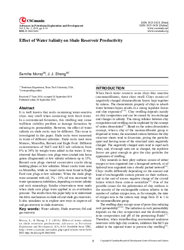 (PDF) Effect of Water Salinity on Shale Reservoir Productivity | James ...