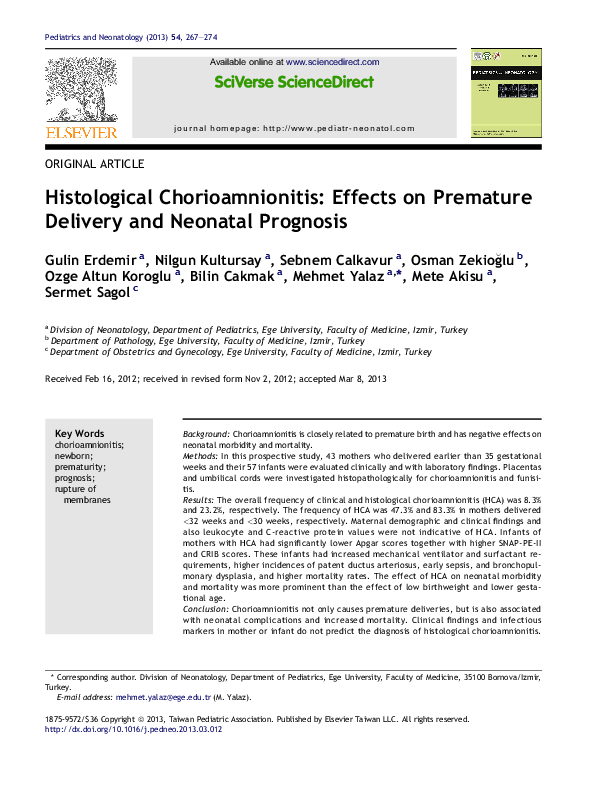 (PDF) Histological Chorioamnionitis: Effects on Premature Delivery and ...