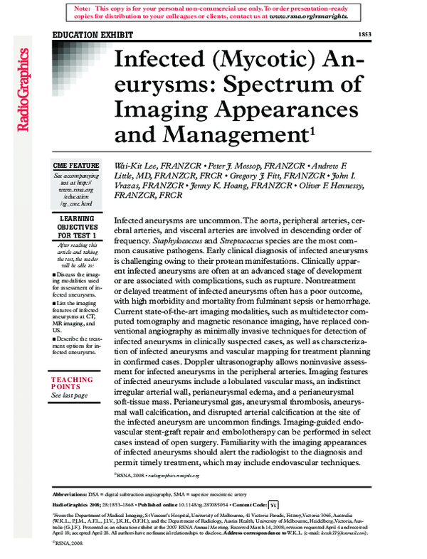 (PDF) Infected (Mycotic) Aneurysms: Spectrum of Imaging Appearances and ...