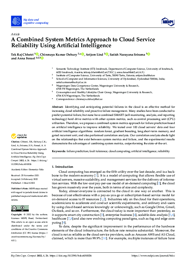 (PDF) A Combined System Metrics Approach to Cloud Service Reliability Using Artificial Intelligence