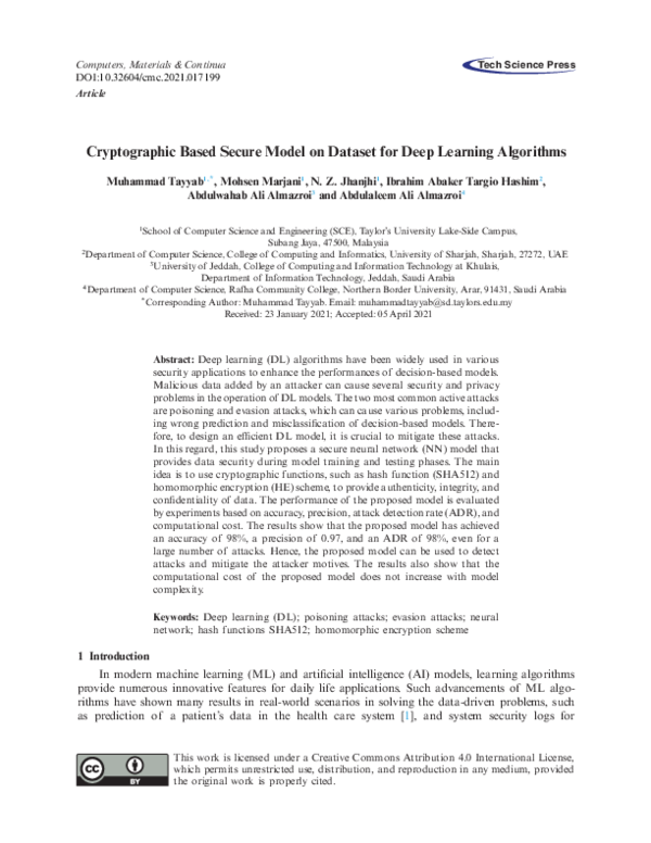 Pdf Cryptographic Based Secure Model On Dataset For Deep Learning 2182