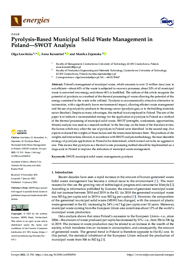 (PDF) Pyrolysis-Based Municipal Solid Waste Management in Poland—SWOT Analysis