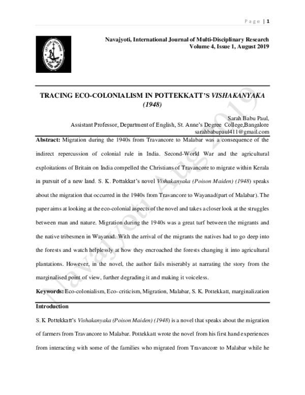 (PDF) TRACING ECO-COLONIALISM IN POTTEKKATT'S VISHAKANYAKA (1948