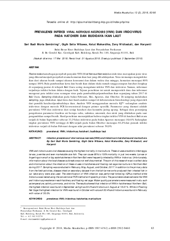 (PDF) Prevalensi Infeksi Viral Nervous Necrosis (VNN) Dan Iridovirus Pada Hatcheri Dan Budidaya ...