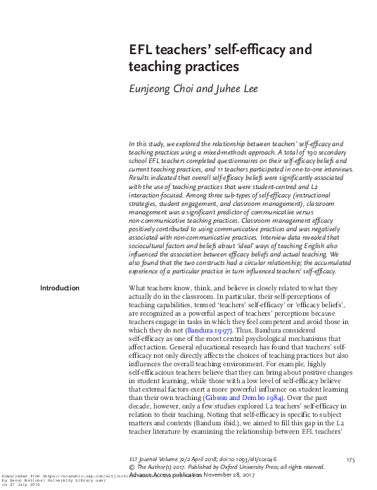 (PDF) EFL teachers' self-efficacy and teaching practices