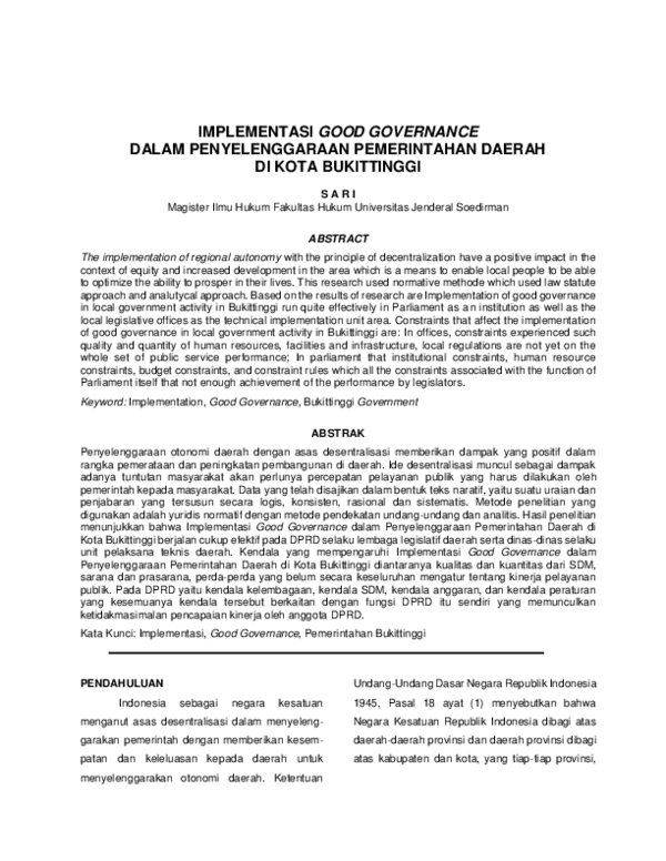 (PDF) Implementasi Good Governance Dalam Penyelenggaraan Pemerintahan Daerah DI Kota Bukittinggi ...