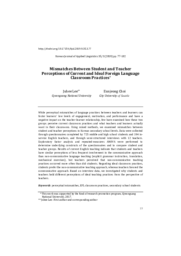 (PDF) Mismatches Between Student and Teacher Perceptions of Current and Ideal Foreign Language ...