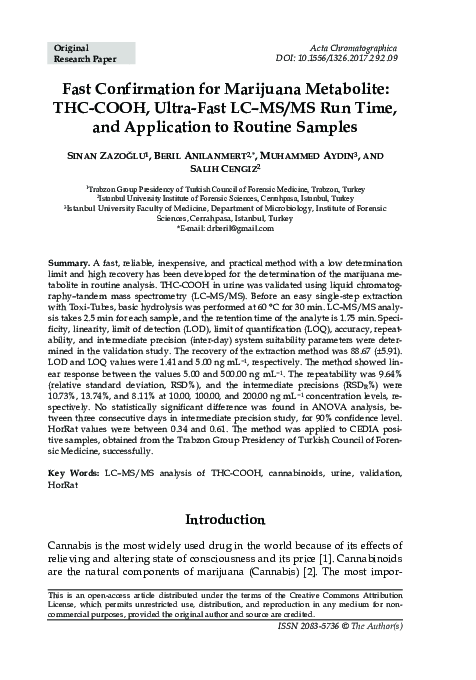 (PDF) Fast confirmation for marijuana metabolite: THC-COOH, ultra-fast LC—MS/MS run time, and ...