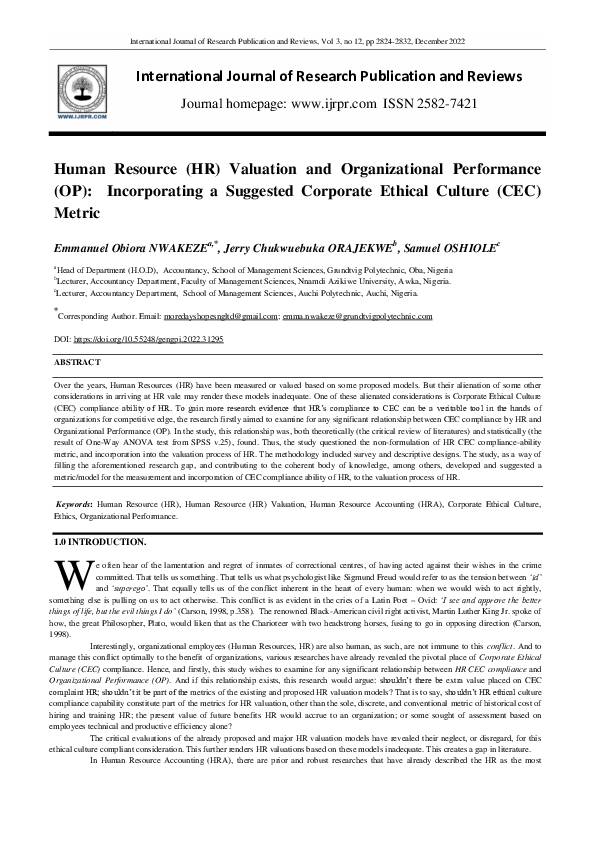 (PDF) Human Resource (HR) Valuation and Organizational Performance (OP ...