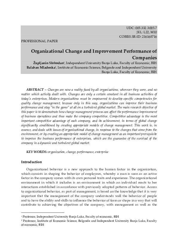(PDF) Organizational Change and Improvement Performance ofCompanies