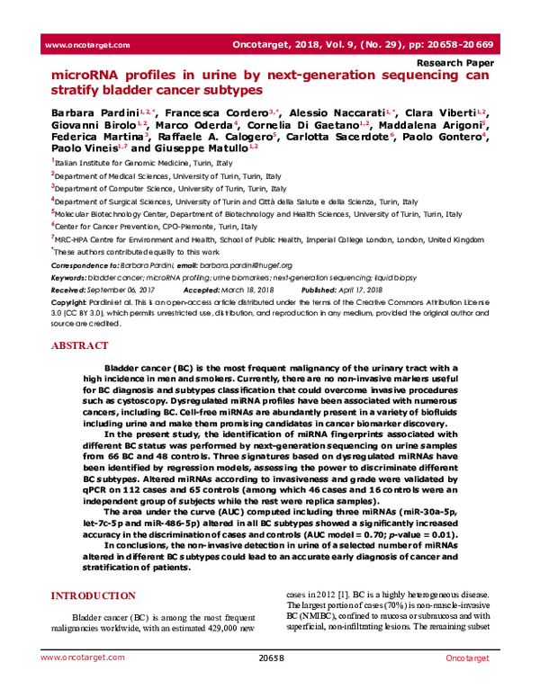 (PDF) microRNA profiles in urine by next-generation sequencing can stratify bladder cancer subtypes