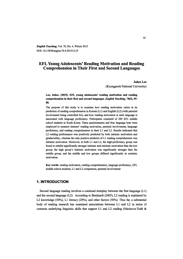 (PDF) EFL young adolescents’ reading motivation and reading comprehension in their first and ...