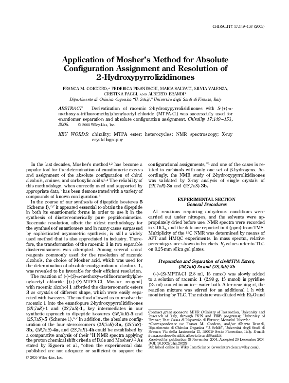 (PDF) Application of Mosher's method for absolute configuration assignment and resolution of 2 ...