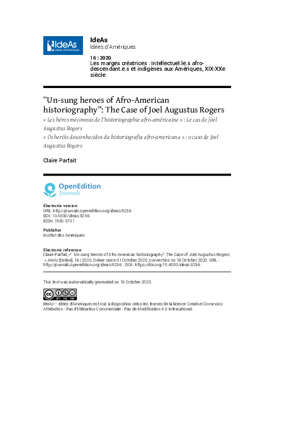 (PDF) ‟Un-sung heroes of Afro-American historiography”: The Case of Joel Augustus Rogers