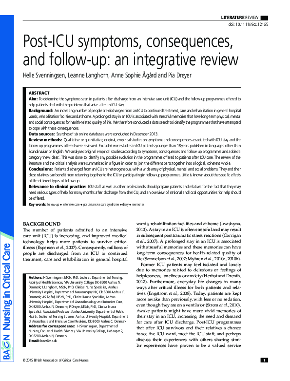 (PDF) Post-ICU symptoms, consequences, and follow-up: an integrative review