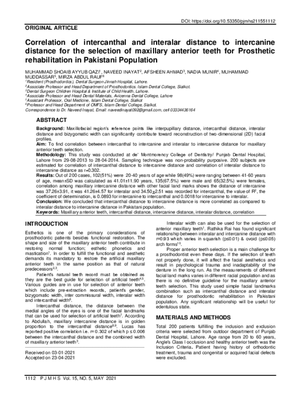 (PDF) Correlation of intercanthal and interalar distance to intercanine ...
