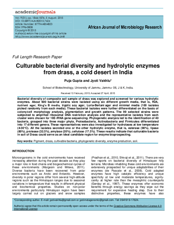 (PDF) Culturable bacterial diversity and hydrolytic enzymes from drass, a cold desert in India