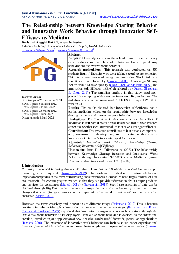 (PDF) The Relationship between Knowledge Sharing Behavior and Innovative Work Behavior through ...