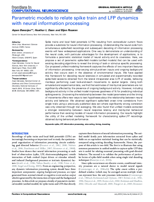 (PDF) Parametric models to relate spike train and LFP dynamics with neural information processing