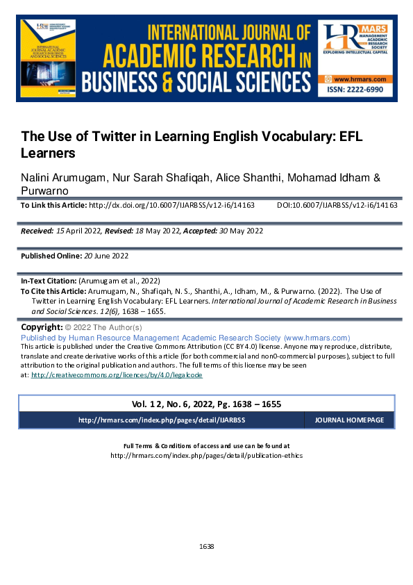 (PDF) The Use of Twitter in Learning English Vocabulary: EFL Learners