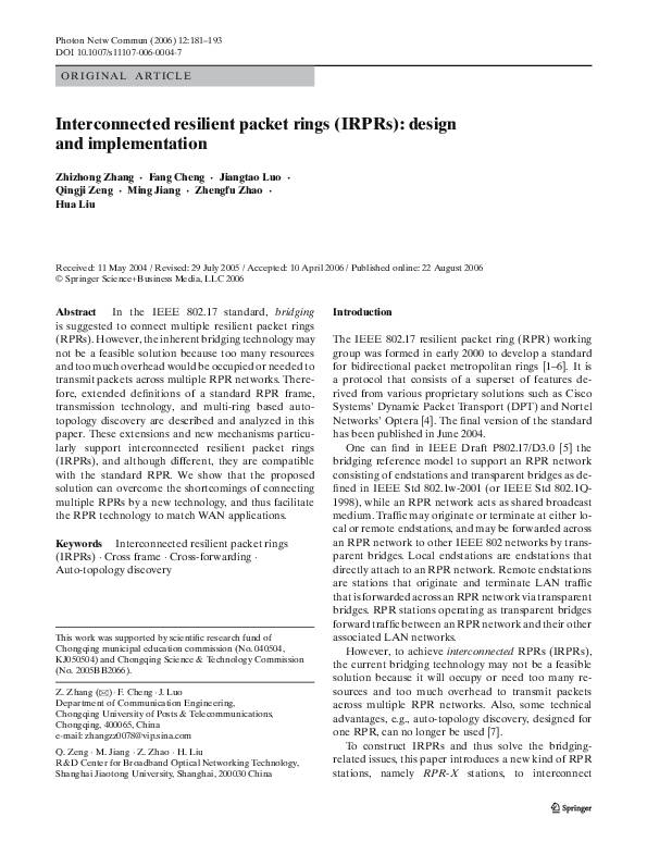 (PDF) Interconnected resilient packet rings (IRPRs): design and implementation