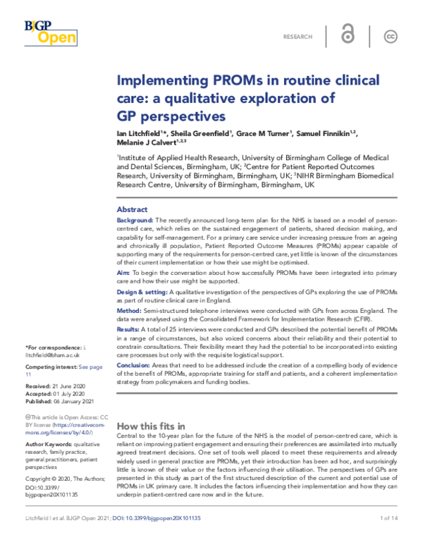 (PDF) Implementing PROMs in routine clinical care: a qualitative exploration of GP perspectives