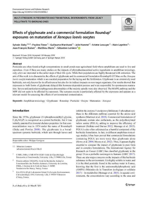 (PDF) Effects of glyphosate and a commercial formulation Roundup® exposures on maturation of ...