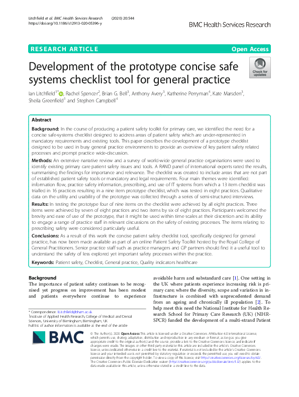 (PDF) Development of the Prototype Concise Safe Systems Checklist Tool ...