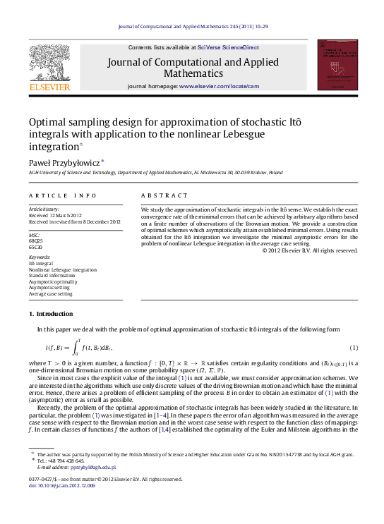 (PDF) Optimal sampling design for approximation of stochastic Itô integrals with application to ...