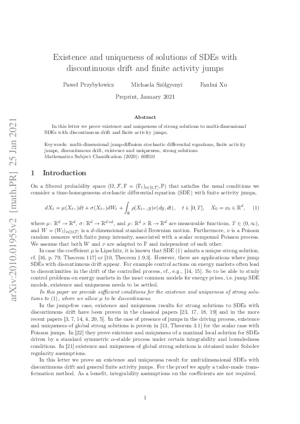 (PDF) Existence and uniqueness of solutions of SDEs with discontinuous drift and finite activity ...