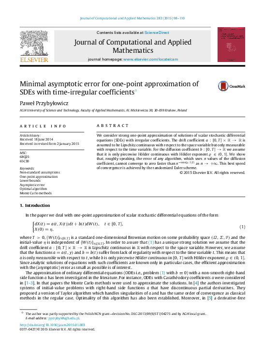 (PDF) Minimal asymptotic error for one-point approximation of SDEs with ...