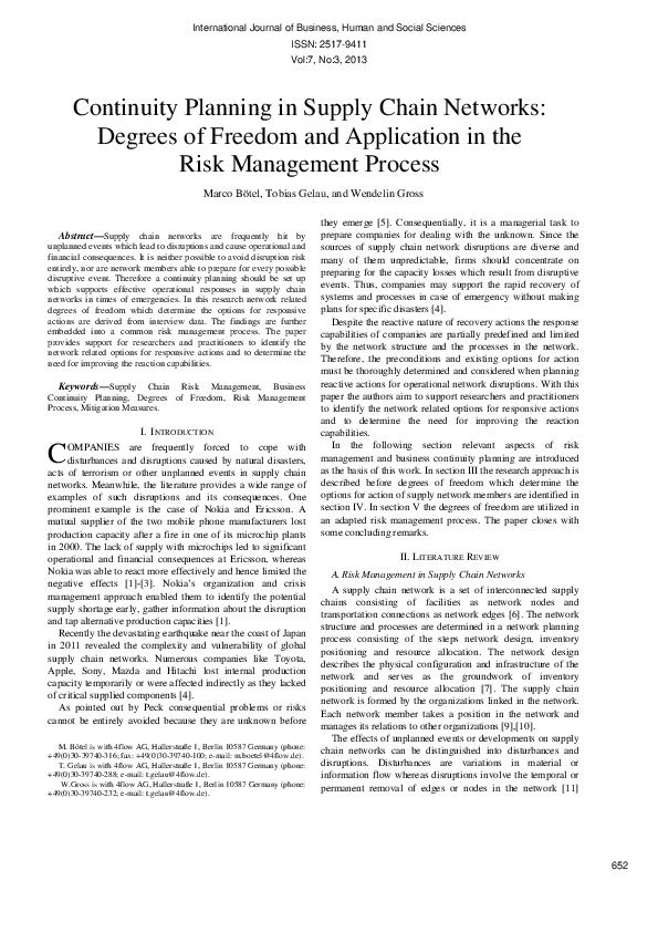 (PDF) Continuity Planning In Supply Chain Networks: Degrees Of Freedom And Application In The ...