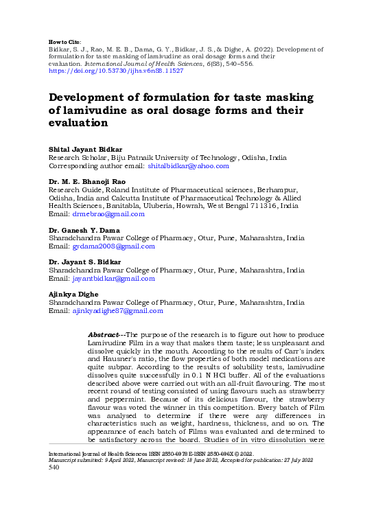Pdf Development Of Formulation For Taste Masking Of Lamivudine As Oral Dosage Forms And Their