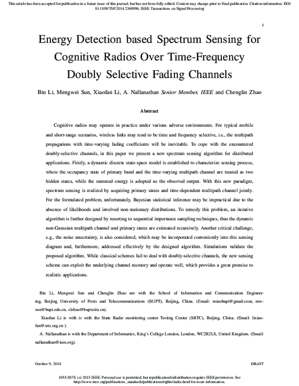 (PDF) Energy Detection Based Spectrum Sensing for Cognitive Radio: An Experimental Study