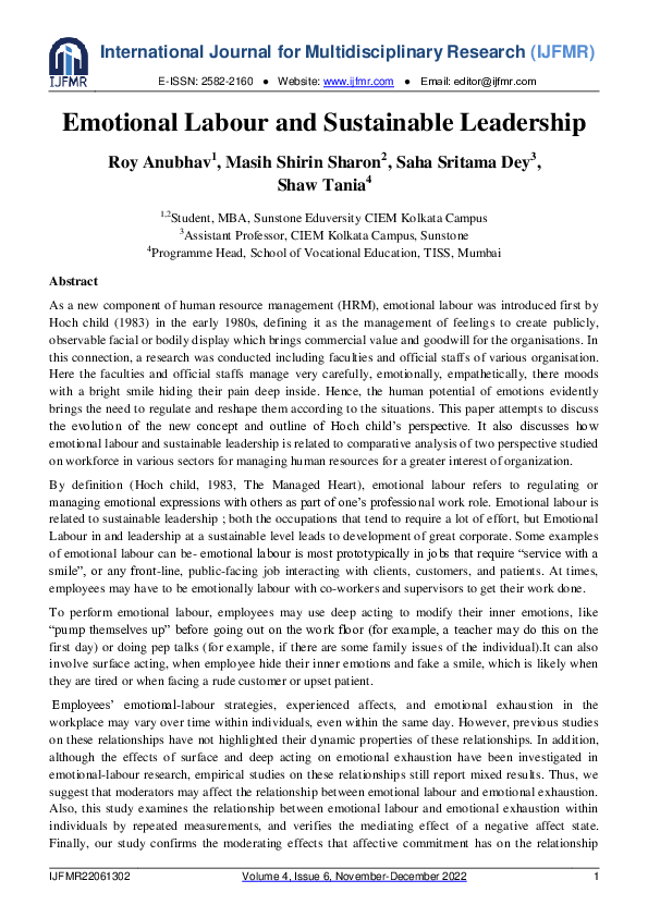 (PDF) Emotional Labour and Sustainable Leadership