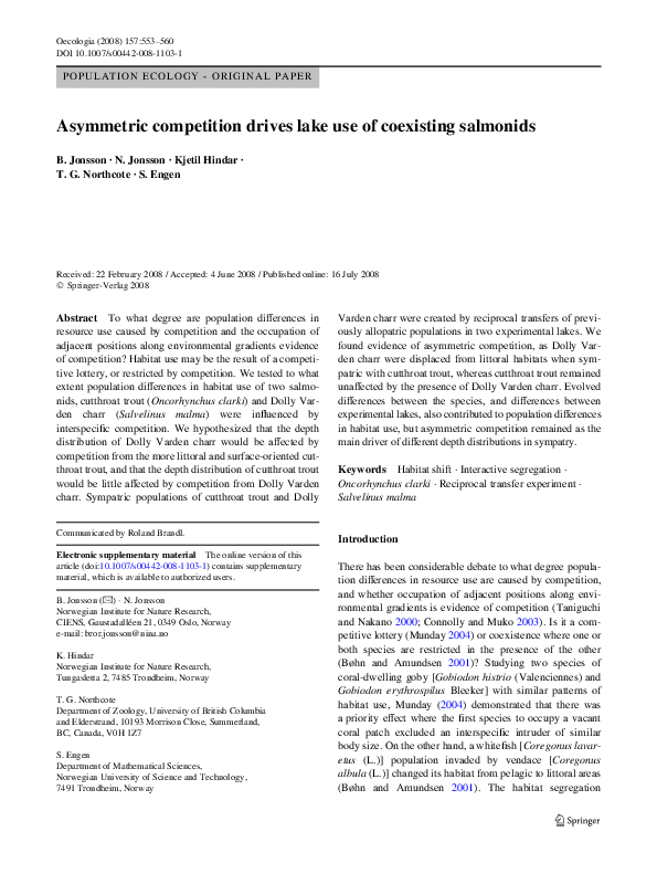 (PDF) Asymmetric competition drives lake use of coexisting salmonids