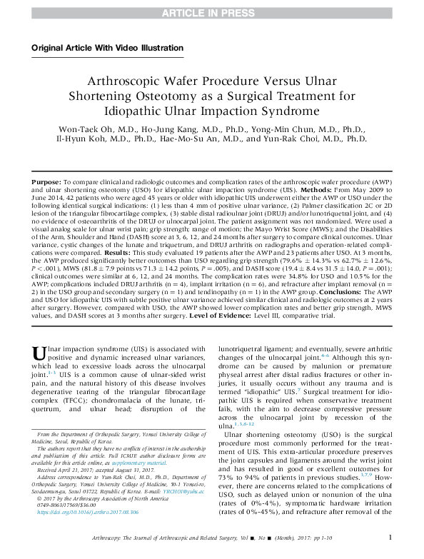 (PDF) Arthroscopic Wafer Procedure Versus Ulnar Shortening Osteotomy as ...