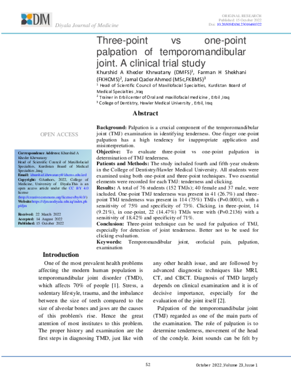(PDF) Three-point vs one-point palpation of temporomandibular joint. A ...