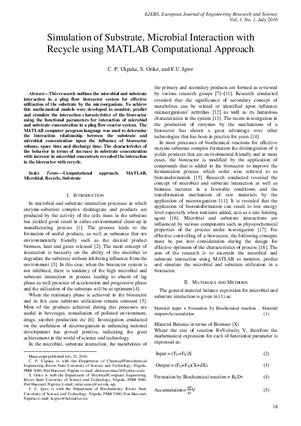(PDF) Simulation of Substrate, Microbial Interaction with Recycle using Matlab Computational ...