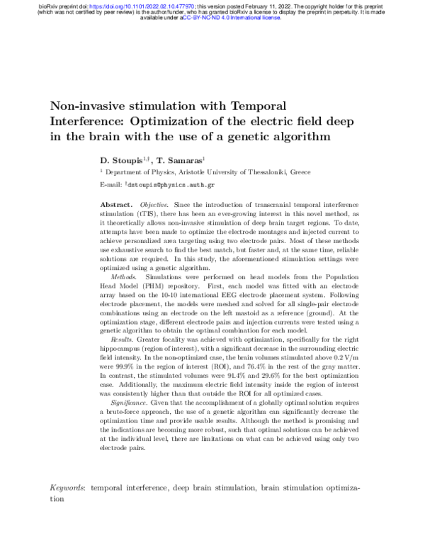 (PDF) Non-invasive stimulation with Temporal Interference: Optimization ...
