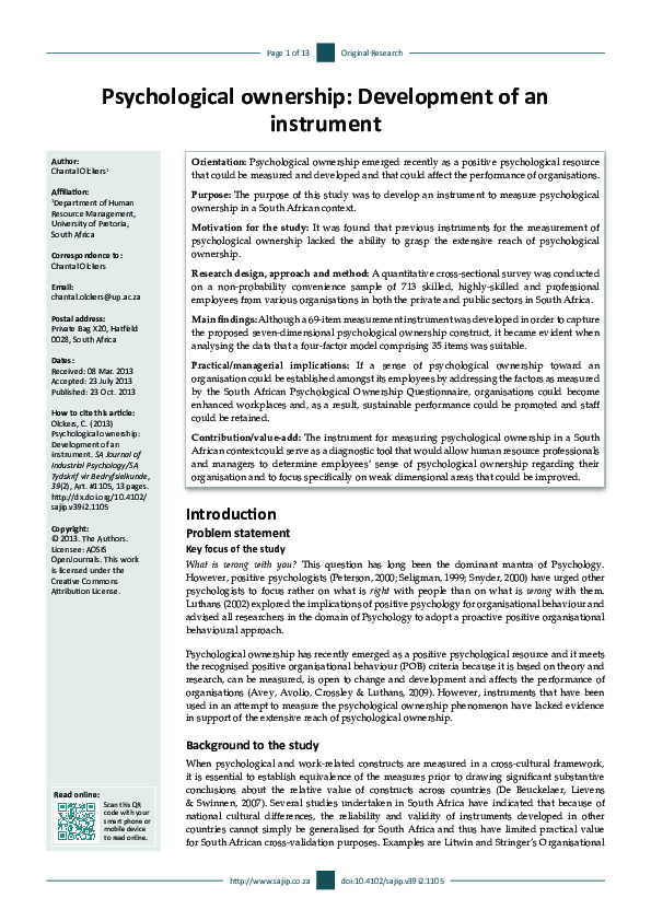 (PDF) Psychological ownership: Development of an instrument