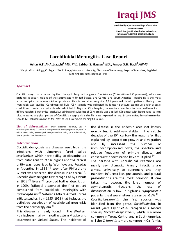 (PDF) Coccidioidal Meningitis: Case Report