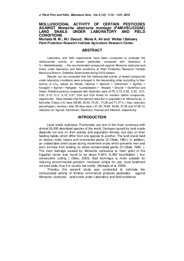 (PDF) MOLLUSCICIDAL ACTIVITY OF CERTAIN PESTICIDES AGAINST Monacha ...