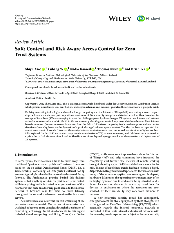 (PDF) SoK: Context and Risk Aware Access Control for Zero Trust Systems