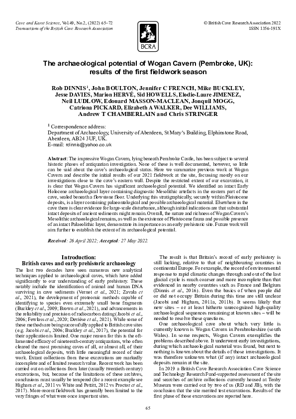(PDF) The archaeological potential of Wogan Cavern (Pembroke, UK ...