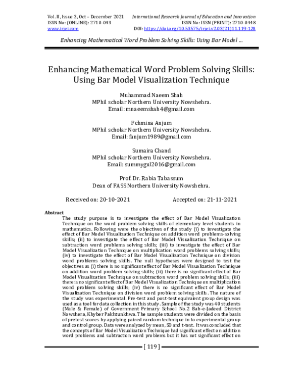 Pdf Enhancing Mathematical Word Problem Solving Skills Using Bar Model Visualization Technique