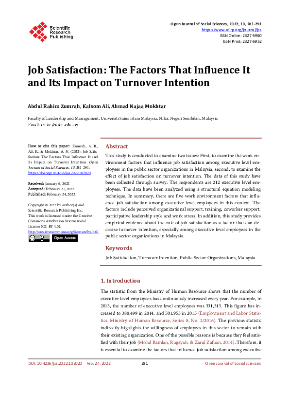 (PDF) Job Satisfaction: The Factors That Influence It and Its Impact on Turnover Intention