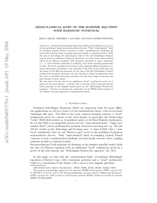 (PDF) (Semi)Classical Limit of the Hartree Equation with Harmonic Potential (PDF) (Semi)Classical Limit of the Hartree Equation with Harmonic Potential