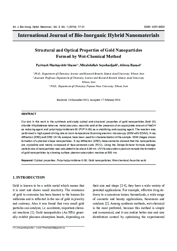 (PDF) Structural and Optical Properties of Gold Nanoparticles Formed by Wet-Chemical Method