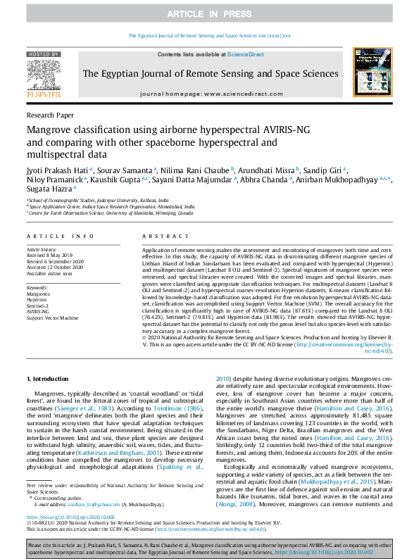 (PDF) Mangrove classification using airborne hyperspectral AVIRIS-NG and comparing with other ...